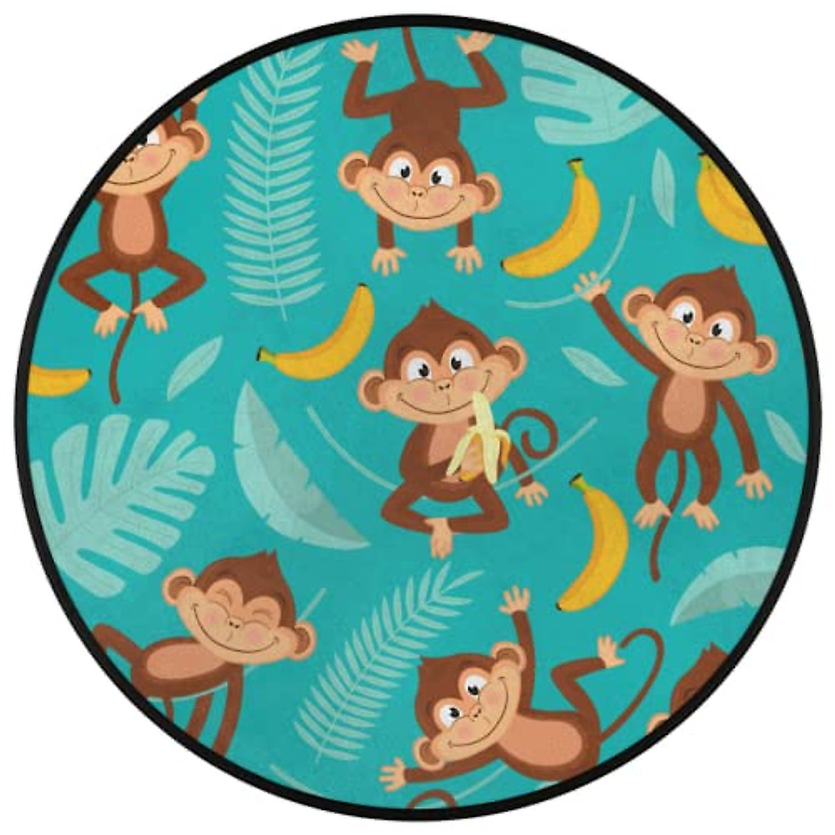 Cute Monkey Round Area Rug, Monkey Banana Non-Slip Circle Rug for Bedroom Living Room Outdoor Study Playing Floor Mat Carpet, 5.2' Diameter