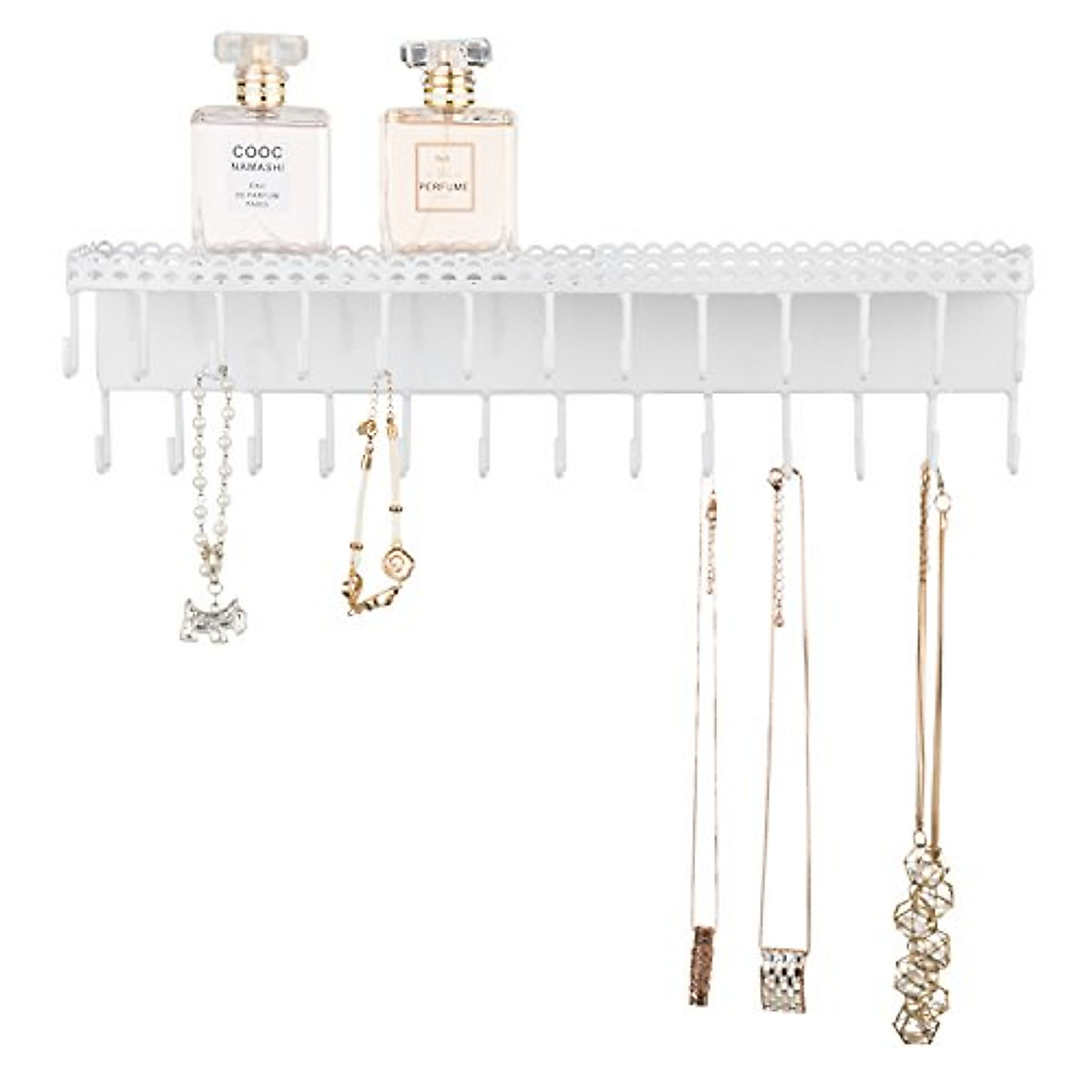 MyGift 26-Hook White Wall-Mounted Metal Jewelry Organizer with Display Shelf