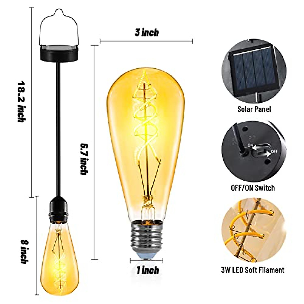 Hanging Solar Lights Glass Edison Bulbs Solar Powered Lantern Outdoor Waterproof LED Garden Decorative Light for Patio Yard Tree (1-Pack)