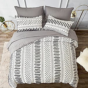 DJY Boho Comforter Set Queen Size Bed in a Bag 7 Piece Black and White Tufted Shabby Chic Bedding Embroidered Stripe Comforter with Sheets and Pillowcases, Soft Lightweight Bedding for All Season