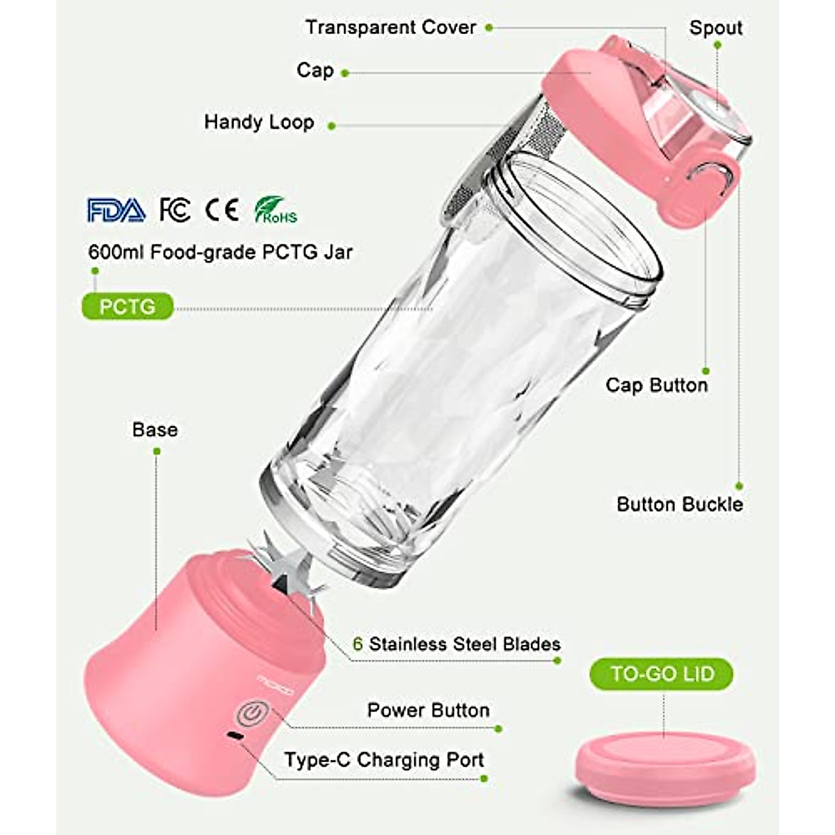 MoKo Portable Blender, 270 Watt Personal Blender for Shakes and Smoothies,21OZ Personal Blender USB Rechargeable with 6 Blades, BRA Free, Smoothie Blender for Kitchen Sports Travel and Outdoors, Pink