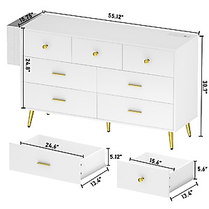 SOSPIRO 7 Drawer Dresser for Bedroom, Modern White Gold Dresser with Wide Drawers and Power Outlets, Long Chest of Drawers for Living Room Hallway Entryway, White