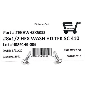 #8x1/2 Stainless Steel Hex Washer Head Self Drilling Tapping TEK Screw (410 Stainless Steel) 100 Pieces 8x1/2