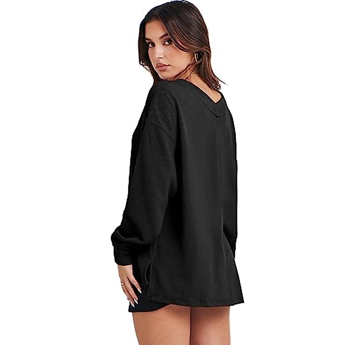 ANRABESS Women’s Casual Long Sleeve Sweatshirt V Neck Off Shoulder Shirt Loose Baggy Comfy Knit Pullover Sweaters Tunic Top 2023 Fall Clothes A1069heise-XL Black