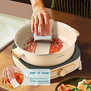 Dezin Electric Shabu Shabu Pot with Removable Pot, 5L Non-Stick Hot Pot Electric with Multi-Power Control, 3.7" Depth Electric Pot with Tempered Glass Lid for Party, Family and Friend Gathering