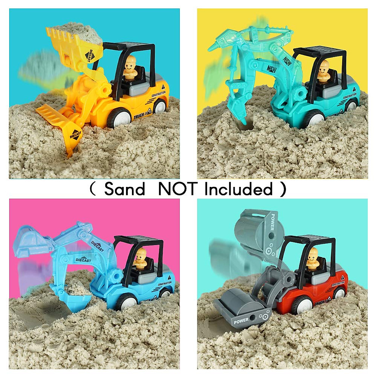 Construction Toys 4 Pack Set with Excavator, Bulldozer, Road Roller, Lift Truck Toys, Friction Powered Push and Go Toy Cars for Toddlers, Kids, 3,4,5,6 Year Old Boy, Girl, Sandbox Trucks Vehicles