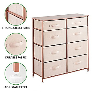 mDesign 35.3" High Steel Frame/Wood Top Storage Dresser Furniture Unit, 8 Removable Slim Fabric Drawers - Tall Bureau Organizer for Bedroom, Living Room, Closet - Lido Collection, Light Pink/Rose Gold