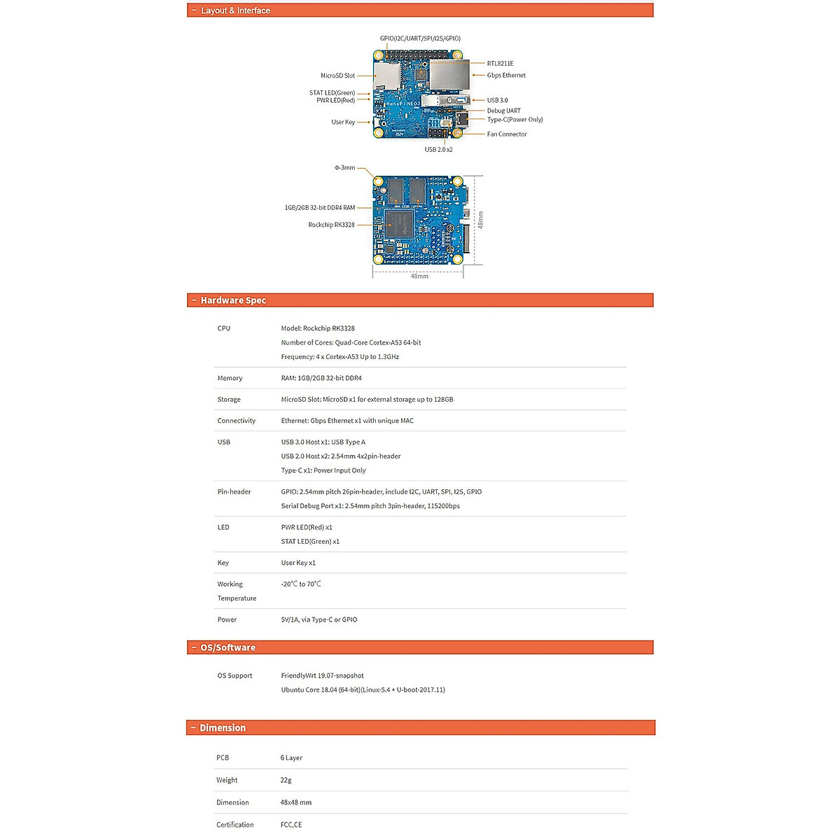 FriendlyElec NanoPi NEO3 Rockchip RK3288 Tiny ARM Single Board Computer with 2GB RAM USB3.0,Gbps Ethernet and Unique MAC Address