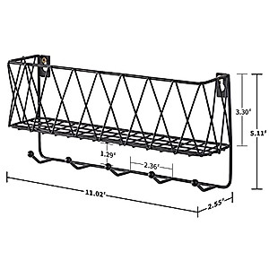 OROPY Entryway Mail Holder with Key Hooks, 11.0" L×2.6" W×5.1" H, Wall Mounted Matte Black Metal Wire Mesh Storage Basket with 5 Hooks, Easy to Organize Letters, Magazines, Keys, Leashes for Entryway
