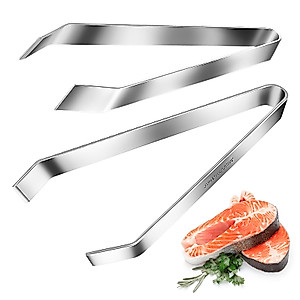 Bewudy 2 Pieces Fish Bone Tweezers, Heavy Duty Stainless Steel Kitchen Tweezers, Stainless Steel Flat and Slant Tweezers Pliers Remover Tool, Precision Non Slip Grip Kitchen Tweezers
