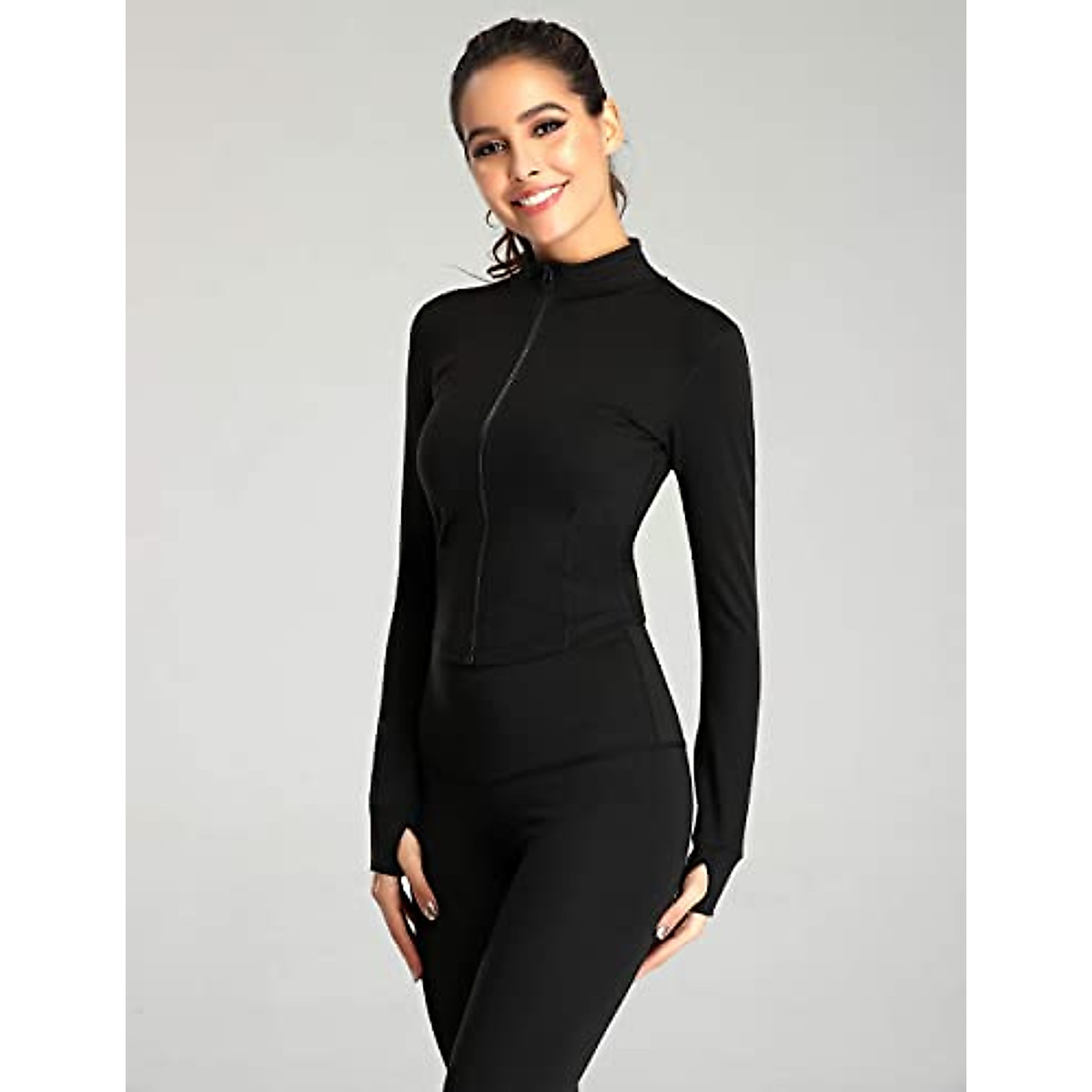 UANEO Workout Tops for Women Cropped Workout Jackets for Women Yoga Athletic Jacket (Black-M)