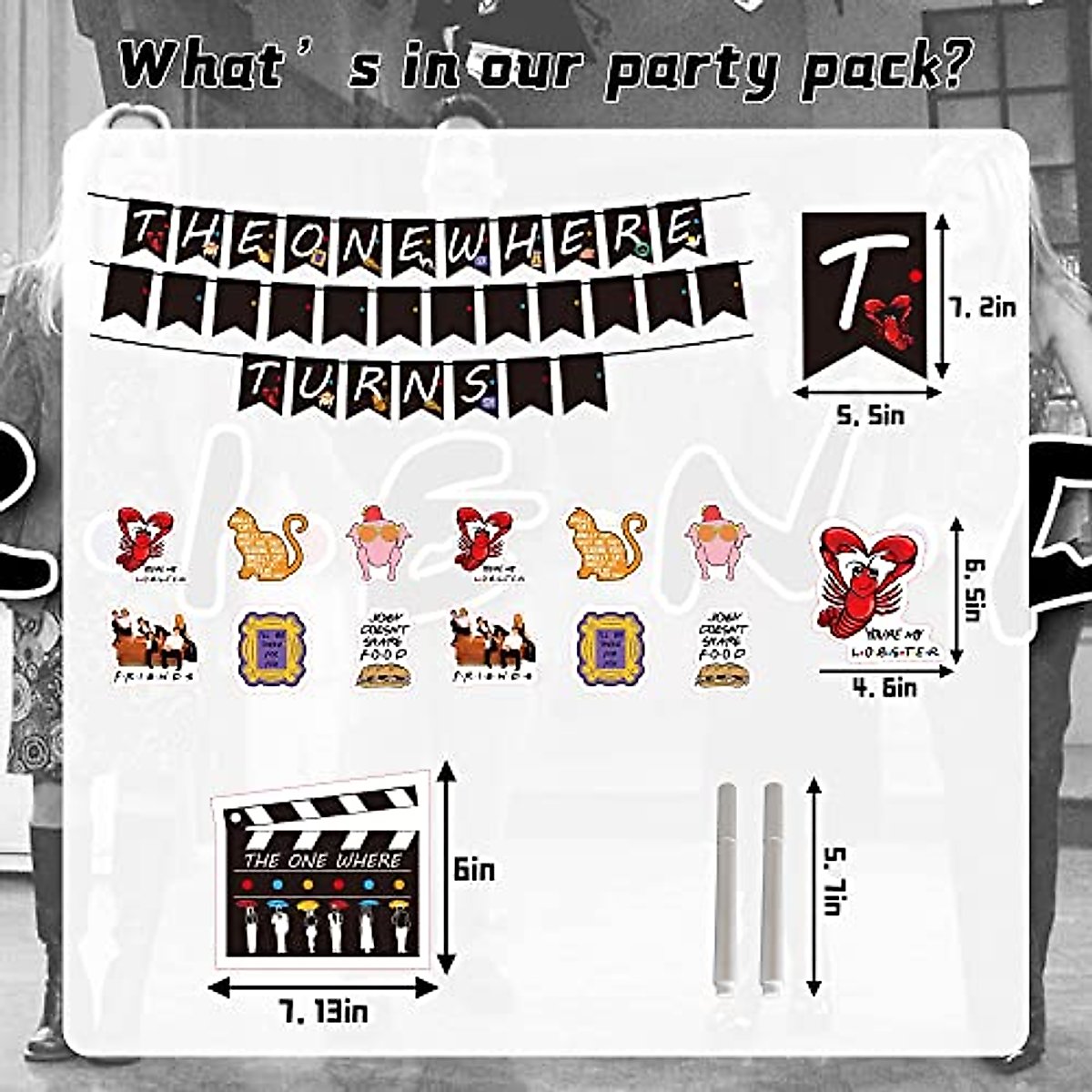 45Pcs Friends Themed Party Decorations Party Supplies Include Banners, Hanging Swirls, Whiteboard Pens, Cake Toppers, Birthday Party Decorations for Friends Fans