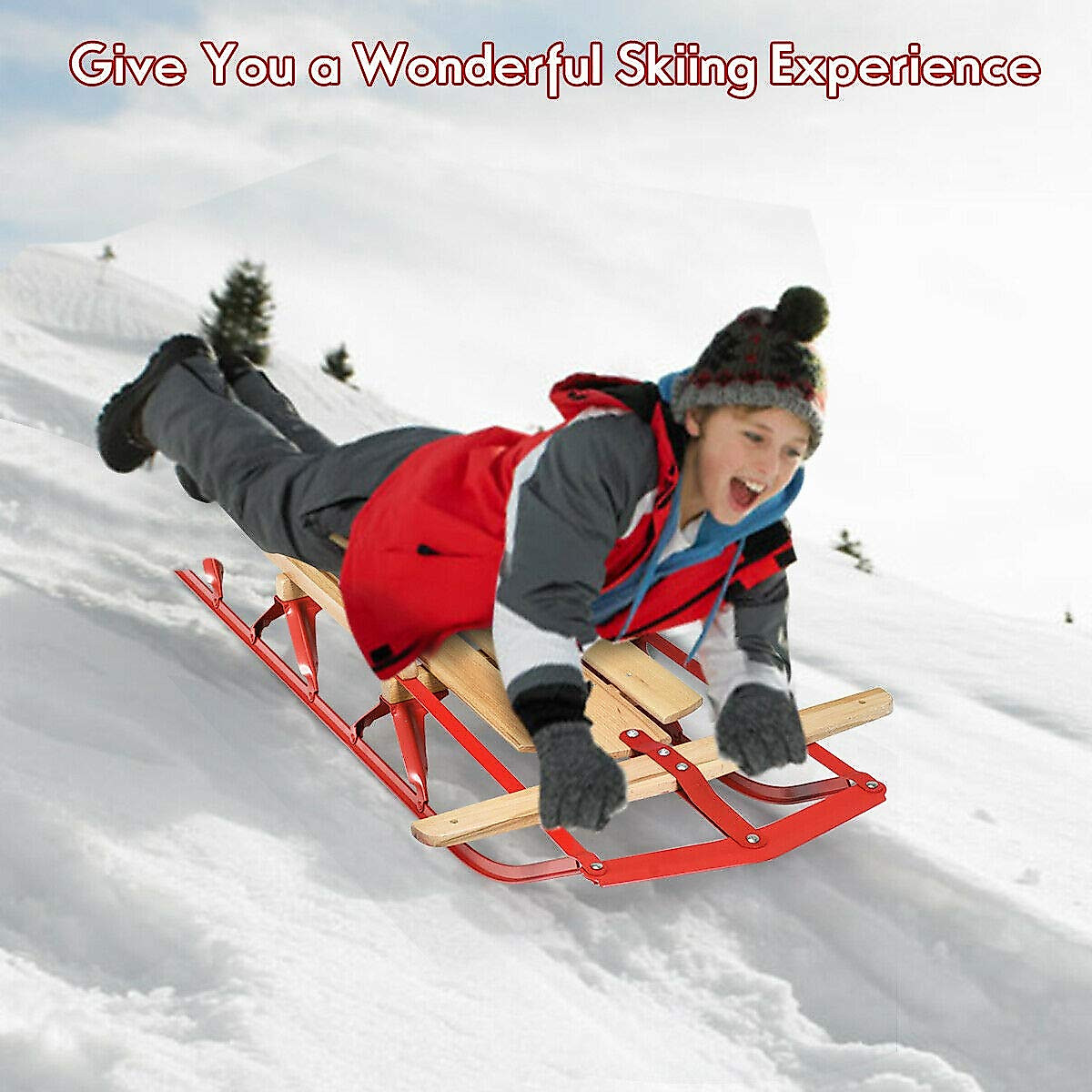 Caraya Vintage Design Steel Wooden Snow Kids Sled Winter Toboggan Board Skiing Rope Pad with Metal Runners and Steering Bar Steering Slider Outdoor 54 Inch