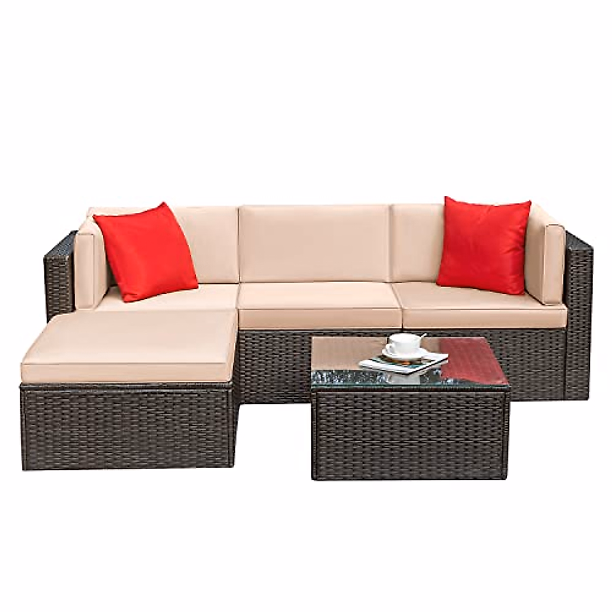 Greesum GS-LCRF5-1OT0-1AS0-BG 5 Pieces Patio Furniture Sets Outdoor-Indoor Sectional Wicker Rattan Sofa with Cushions, Pillows & Glass Table, Light Beige