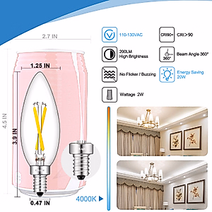 CRLight 2W 4000K LED Candelabra Bulb Daylight White 30W Equivalent 300LM, E12 Base Dimmable LED Chandelier Filament Light Bulbs, Antique Style B10 Clear Glass Candle Torpedo Tip, 12 Pack
