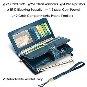 MANBANG Wallets for Women Leather Credit Card Holder with RFID Blocking Large Capacity Wristlet (Blue)