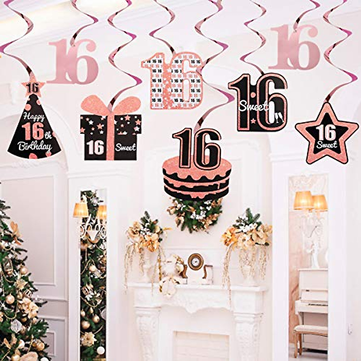Excelloon 16th Birthday Decorations, 8Pcs 16 Foil Hanging Swirls, Sweet 16 Birthday Hat Cake Present Star Decorations, Happy 16th Birthday Party Supplies (Rose Gold)
