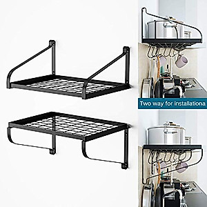 Love-KANKEI Pot Rack Wall Mounted Set of 2 Pan Pot Organizer Wall Shelves with 16 Hooks for Kitchen Cookware Utensils Organization Black