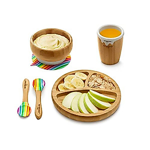 Nutrichef Baby and Toddler, 3 Compartment Plate, Bowl, Cup and Spoon Feeding Set- Silicon Suction, Non-toxic All Natural Bamboo Baby Food Plate (Stripe Set)