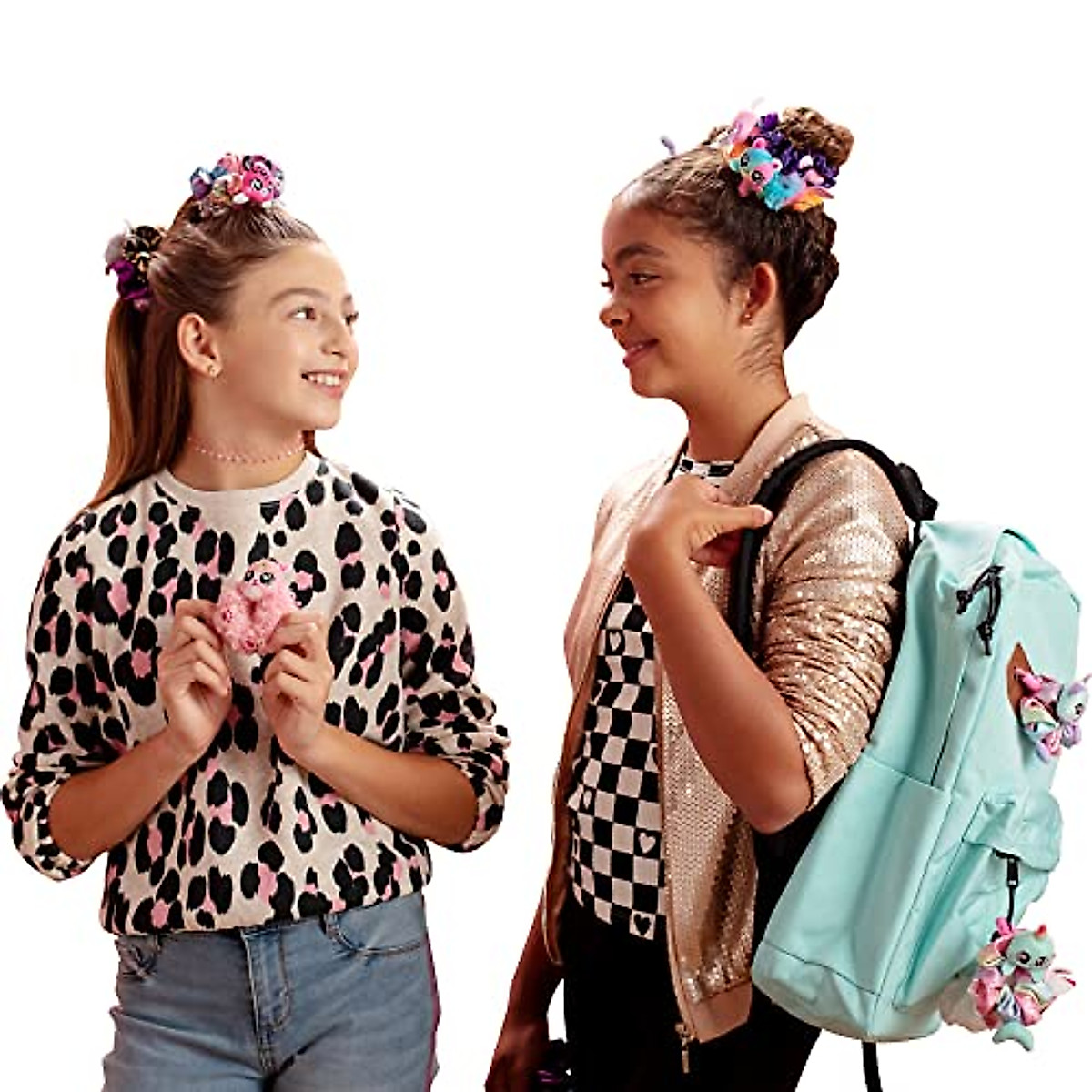SCRUNCHMIEZ 96553 Seven Pack, Exclusive Magically transforms from Hair Scrunchie to Cute Plush Friend as Well as Backpack Clip. So Many Characters to Collect & wear