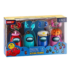 P.M.I. Among Us Action Figures | All Four 4.5-Inch-Tall Collectibles | Among Us Toys and Playable Mini Toys | Red, Pink, and Cyan Crewmates and Blue Ghost with 8 Hats and Hands | Kids’ Toys