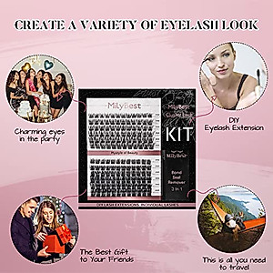 MilyBest DIY Eyelash Extension Kit with 144 Pcs Lash Clusters Bond and Seal Eyelash Glue Remover Eyelash Tweezers Applicator Beginner Set 10-16mm Thin Band Cluster Lashes Kit (Kit-2 Styles, M02)