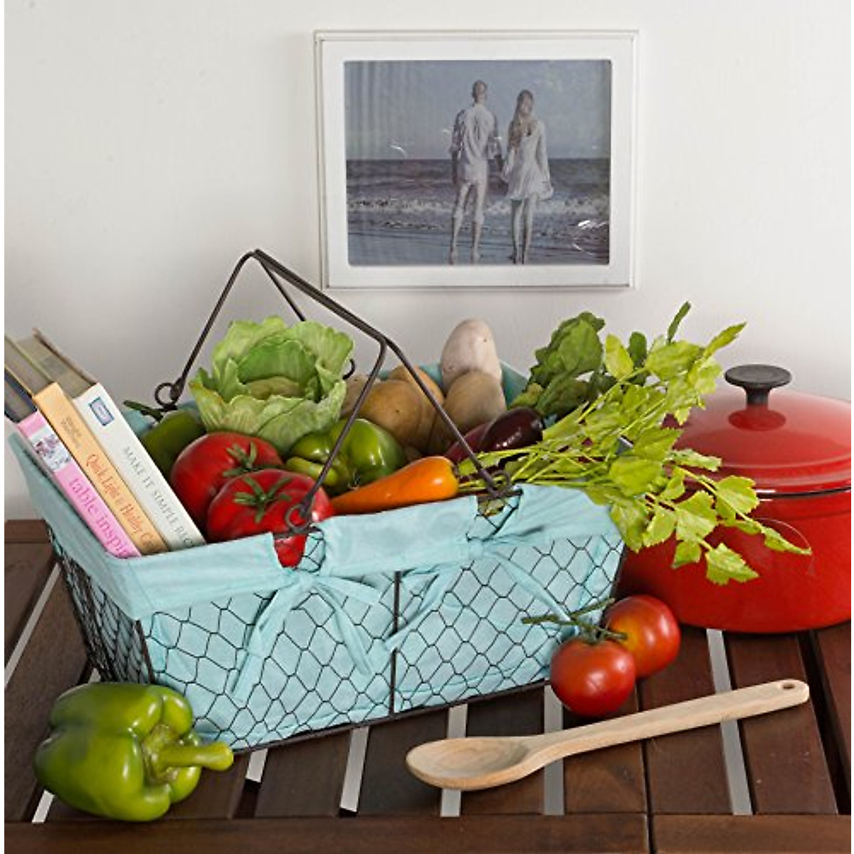 DII Farmhouse Chicken Wire Egg Basket, Storage Baskets with Liner, Aqua, 16x12x7.88"