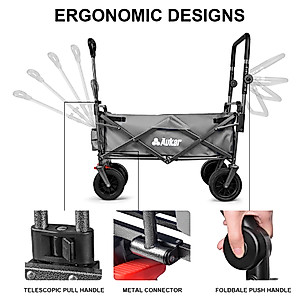 AUKAR Collapsible Canopy Wagon - Heavy Duty Utility Outdoor Foldable Garden Cart - with Adjustable Push Pulling Handles,Big Wheels for Sand, for Shopping, Picnic, Camping, Sports - Grey