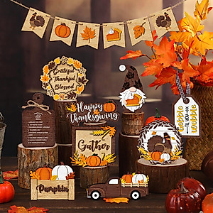 Set of 15 Fall Tiered Tray Decor Pumpkins Farmhouse Decor Autumn Maple Leaf Table Centerpieces Thanksgiving Harvest Wood Blocks Signs for Home Decor(Elegant Style)
