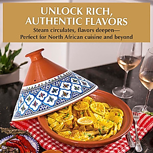 Kamsah Tagine Pot for Flavor Enrichment - Clay Pot for Cooking (12”, 5.5 QT) - Moroccan Ceramic Pots for Cooking w/Lid & Serving Bowl -Large Handmade Cookware, Bohemian Turquoise, Non-Stick, Lead-Free