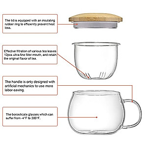 Glass Tea Infuser Cup Gift Set, Glass Teacups with Removable Strainer and Bamboo Lid for Steeping Blooming Tea, Loose Leaf Tea, Lead-free, Microwave & Dishwasher Safe,13oz/380ml
