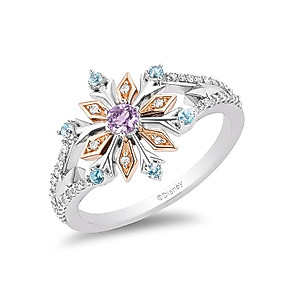 Jewelili Enchanted Disney Fine Jewelry Elsa Snowflake Ring in 14K Rose Gold Over Sterling Silver with Diamonds, Sky Blue Topaz and Rose de France Size 6