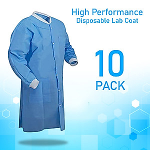 EOM Disposable Lab Coats - Lab Coats for Men and Women - Knee Length Lab Coat with Knit Cuffs and Collar - Medical Lab Jacket for Adults - Pack of 10, (Large Size)