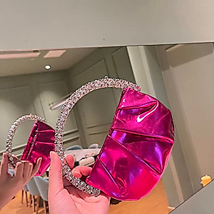 HEYCUE Mini Glitter Diamond Handle Handbag Circular Evening Crossbody bag Sparkly Bride Wedding Party Prom Purses For Women(rose pink)