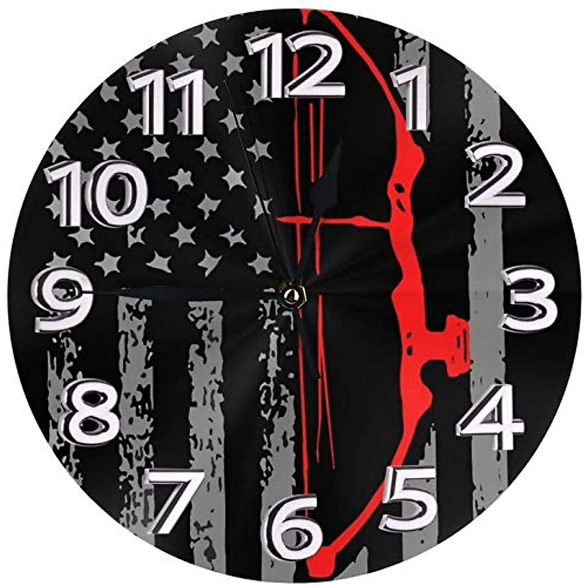 BUSHUO Archery Bow Hunting Us Flag Wall Clock Waterproof Decorative Clocks Lightweight Clock with Roman Numeral Hands Durable Round Wall Clock for Living Room Classroom Patio Bedroom