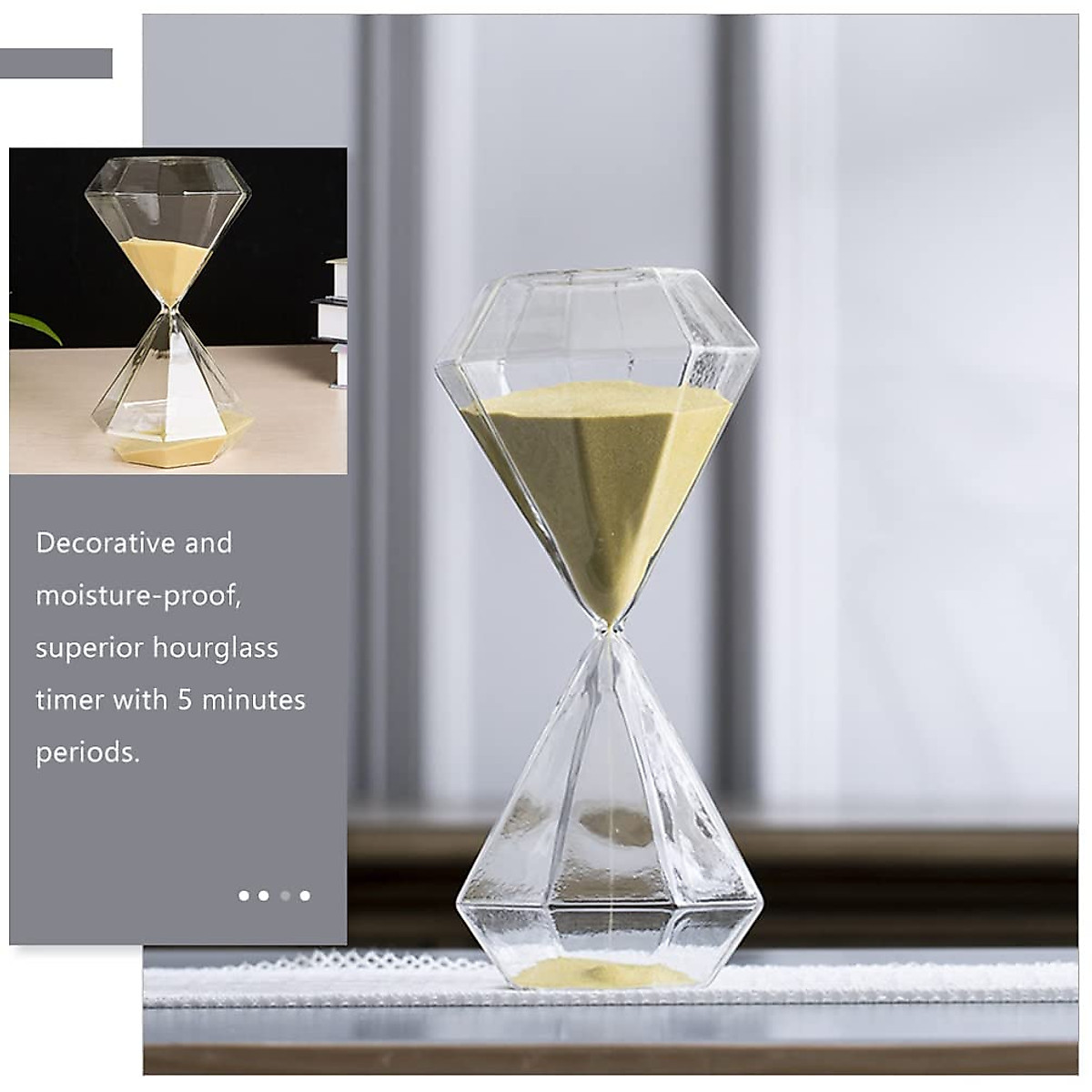 DOITOOL Desk Topper Diamond Shape Glass Hourglass Sandglass Timer 5 Minutes Romantic Hourglass Sand Timer Home Desk Decor Kithchen Cooking Countdown Use Golden Kid Gifts