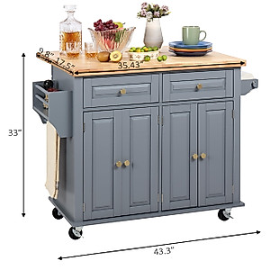 Finnhomy Rolling Kitchen Island With Drop Leaf, Thicken Rubberwood Top, Spice Rack, Towel Rack, Drawer, 43.3" Portable Mobile Kitchen Island Carts Table, Storage Cabinet, Both Wheels and Feet Included