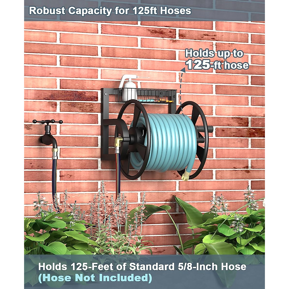 Artigarden Outdoor Garden Hose Reel Wall Mount, Heavy-Duty Water Hose Holder Winder with 3.9 ft Leader Hose, Brass Fitting and Storage Basket for Yard, Holds 125 Feet of 5/8-Inch Hose, Black