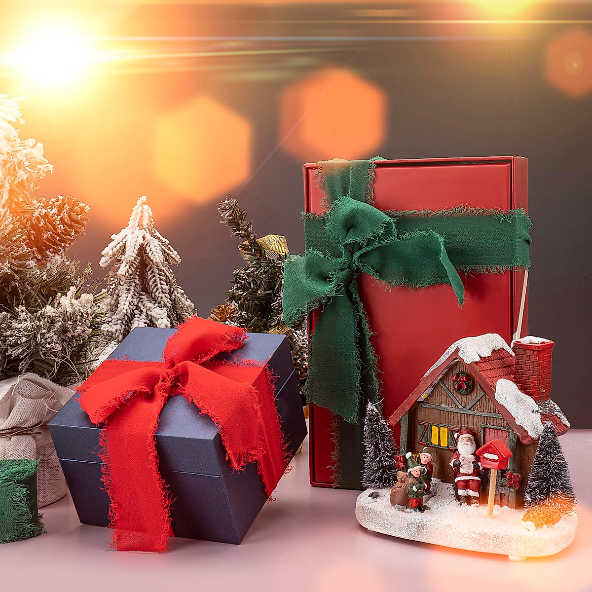 Chiffon Ribbon, 3 Rolls 21 Yards Red Handmade Fringe Chiffon Silk Ribbon 1.5" x 7Yd Ribbons Set for Wedding Invitations,Christmas, Bridal Bouquets, Gifts Wrapping, DIY Crafts