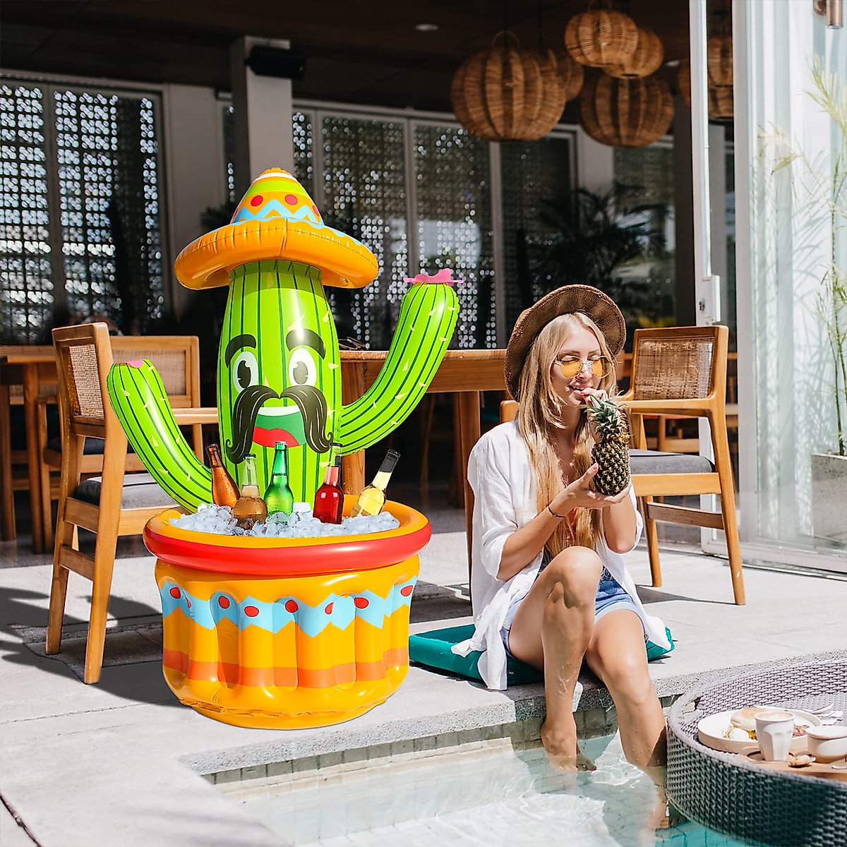 PARENTSWELL 2 Pack Inflatable Cactus Cooler, 47.5'' Blow Up Pool Party Drink Cooler Ice Bucket with Sombrero Hat, Mexican Fiesta Party Decorations Supplies for Cinco De Mayo Party Decor