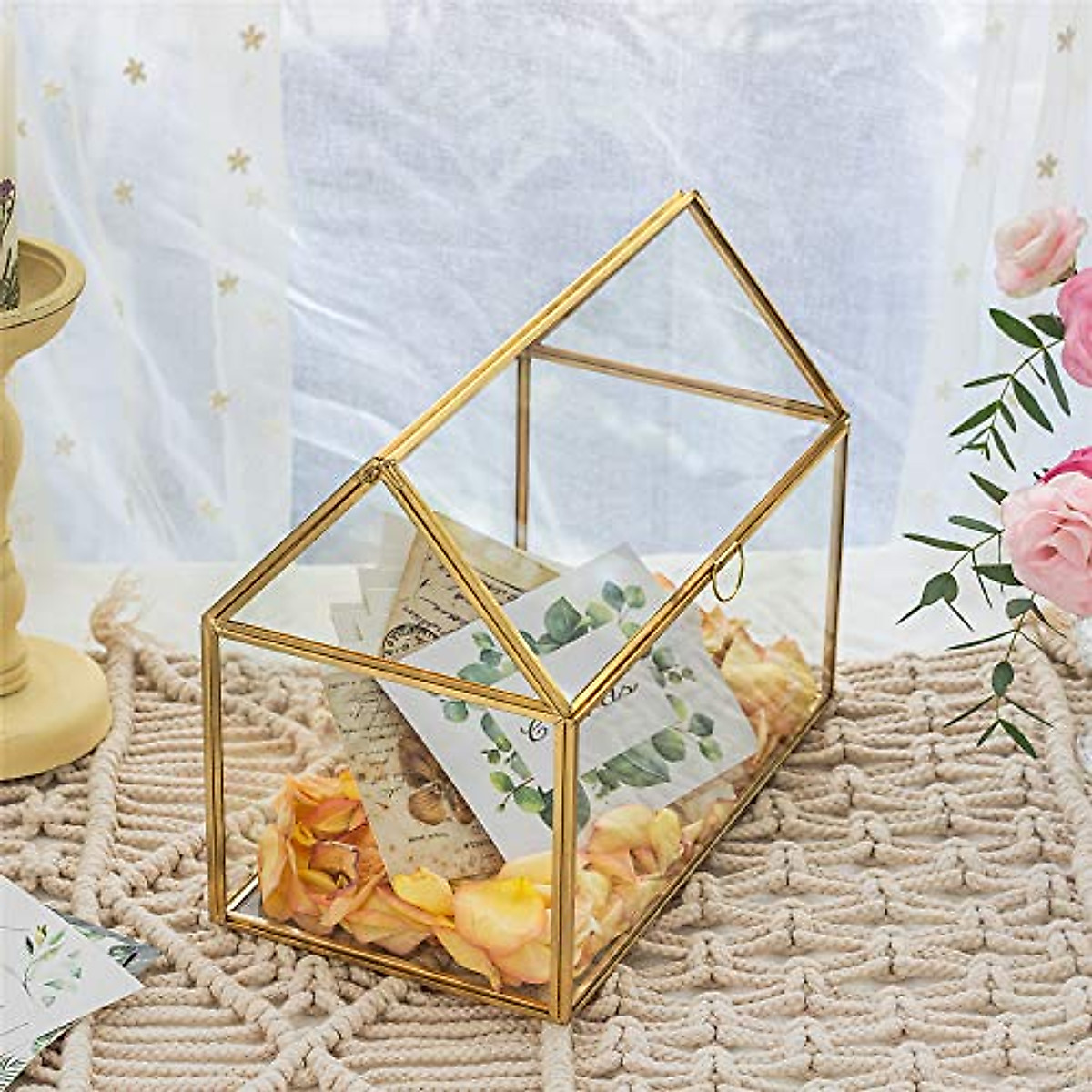 NCYP Large Glass Card Box, 10.2" Handmade House Shape Gold Clear Terrarium Planter for Wedding Reception, Home Geometric Party Centerpiece Gift, Upgraded Reinforced Glass Version (Glass Box Only)