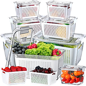 Zopeal 6 Pack Fruit Storage Containers for Fridge Produce Saver Containers for Refrigerator Fruit Containers for Fridge Keep Fresh with Lids Colander and Dividers for Salad Berry Vegetable (White)