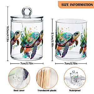 ALAZA 4 Pack Qtip Holder Dispenser Turtle Watercolor Cotton Ball Cotton Swab Cotton Round Pads Floss Clear Bathroom Storage Containers Plastic Apothecary Jars with Lids