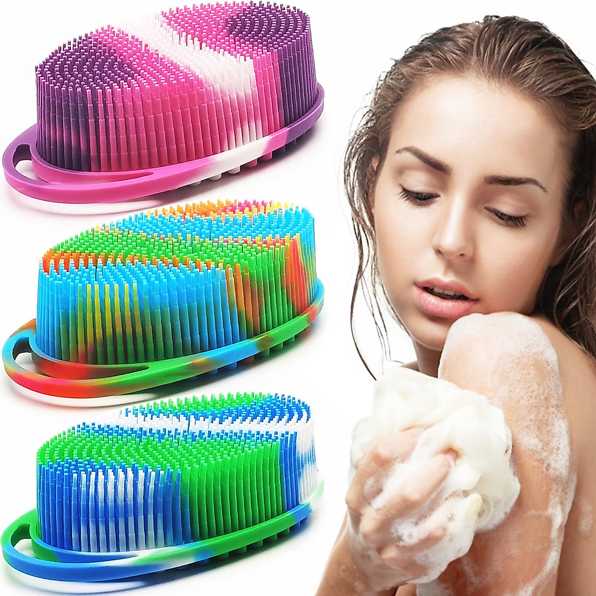 Silicone Body Brush, Exfoliating Body Scrubber, Silicone Body Scrubber Loofah, Silicone Bath Brush, Soft Exfoliating Body Bath Shower Scrubber Brush for Kids and Adults All Kinds of Skin 3 Pack