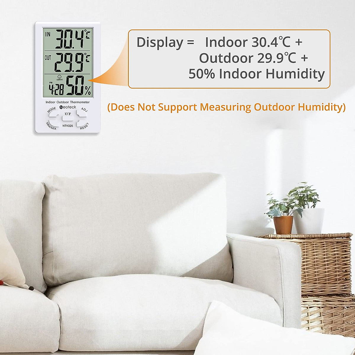 Neoteck 3 in 1 Thermometer Hygrometer with Clock Large LCD Display, Digital Humidity Temperature Meter 1.5m Sensor Wire for Indoor Outdoor Use