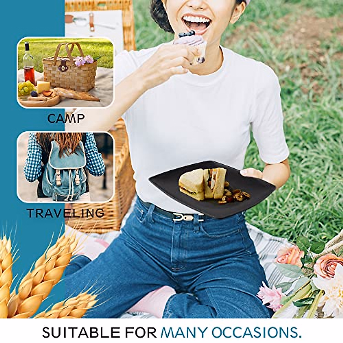 Teivio 24-piece Plastic Wheat Straw Square Dinnerware Set for 6, Unbreakable Dinner Plates, Salad Plates, Snack Bowls, Tumblers 20 oz, Dishwasher Safe, Black