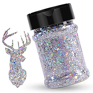 HTVRONT Holographic Chunky Glitter, 100g Silver Chunky Glitter for Resin, 3.53oz Iridescent Glitter Chunky Mixed with Fine Glitter, Shaker Cap Chunky Glitter for Tumbler, Nail, Makeup Craft Glitter