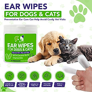 Pet Ear Wipes for Dogs and Cats - Dog Ear Cleaner Wipes, Cleaning and Deodorizing - Remove Debris & Wax, Improve Ear Itching, and Infections - 50 Count Finger Wipes