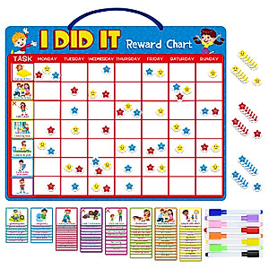 Magnetic Reward Chart, Dry Erase Kids Behavior Responsibility Task Board-84 Chores (including 7 Blanks), 272 Magnetic Stars, 8 Markers & 3 Name Cards-Good Behavior Daily Routine to motivate kids