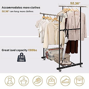 VICERII Double Clothing Rack, Heavy Duty Clothes Rack with Wheels and Extra Wide Bottom Shelf, 52.36’’ Garment Racks for Hanging Clothes, Coats, Shirts, Skirts, Dresses, 130LB Capacity, Black